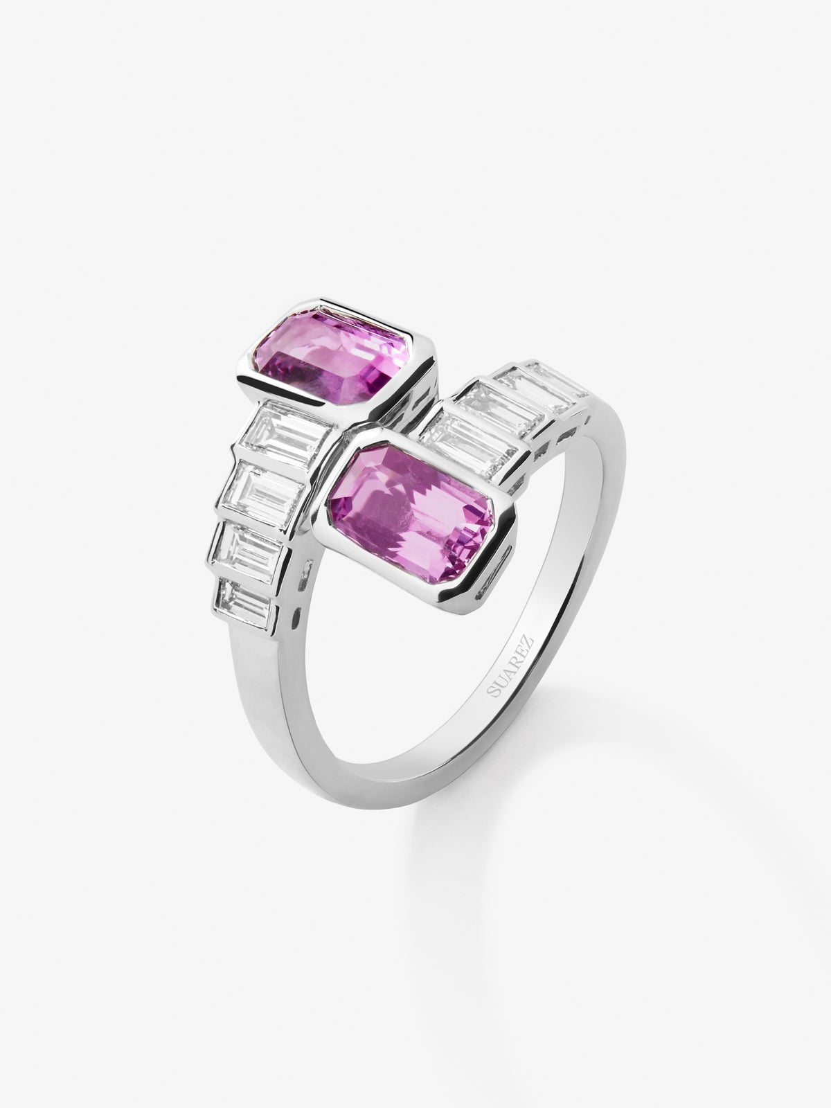 Anillo tú y yo de oro blanco de 18K con 2 zafiros rosas en talla ...